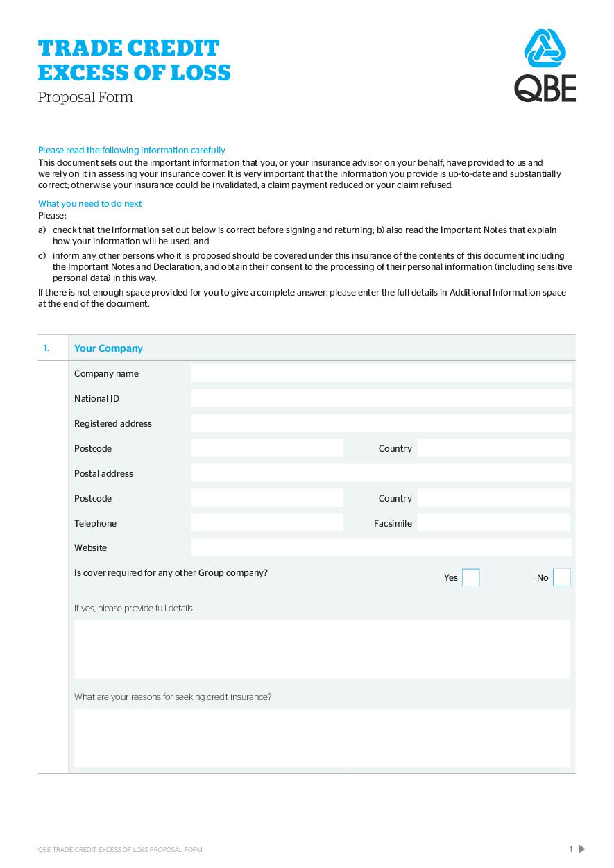 Credit insurance excess of loss proposal form - QBE European Operations